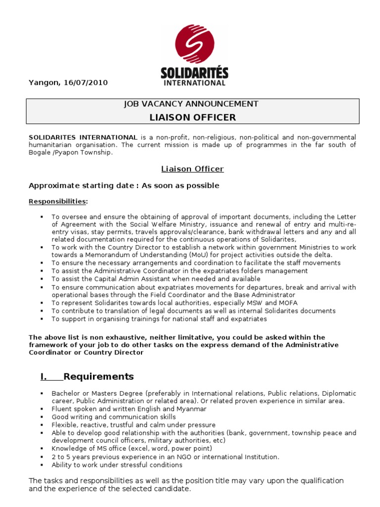 JA - Liaison Officer 16072010 | PDF | Non Governmental Organization ...