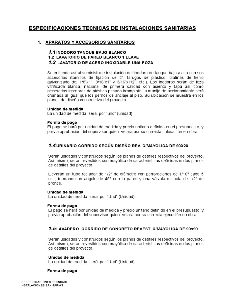 Especificaciones Tecnicas-Instalaciones Sanitarias | PDF | Tubería (transporte de fluidos) | Agua