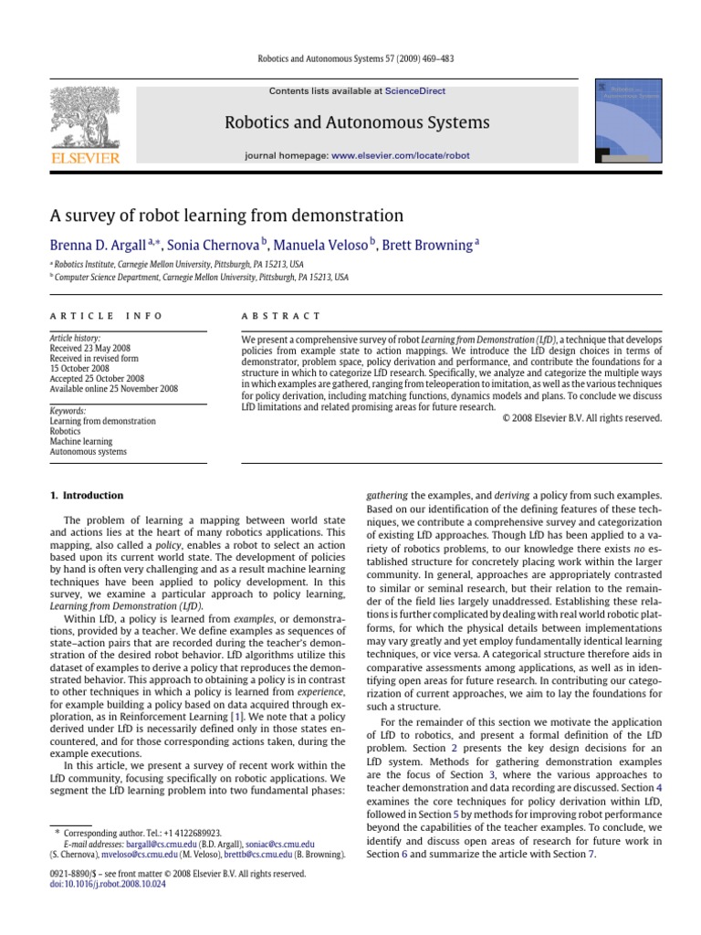 Argall A Survey Of Robot Learning From Demonstration Pdf Robotics