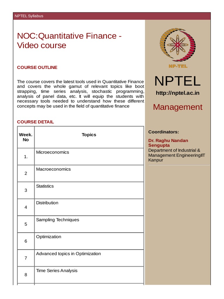 NPTEL Quantitative Finance Syllabus | PDF