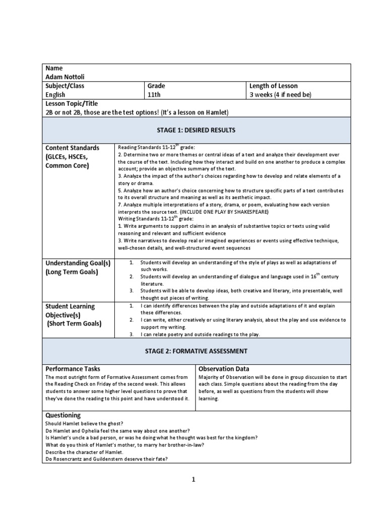 Moreau Hamlet Lesson Plan | PDF | Hamlet | Cognition