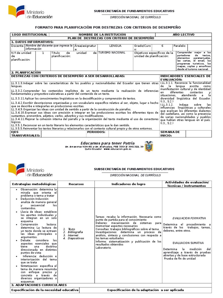 Formato Plan Destreza 6 Egb - 2016 - 2017 Lleno | PDF | Comprensión ...
