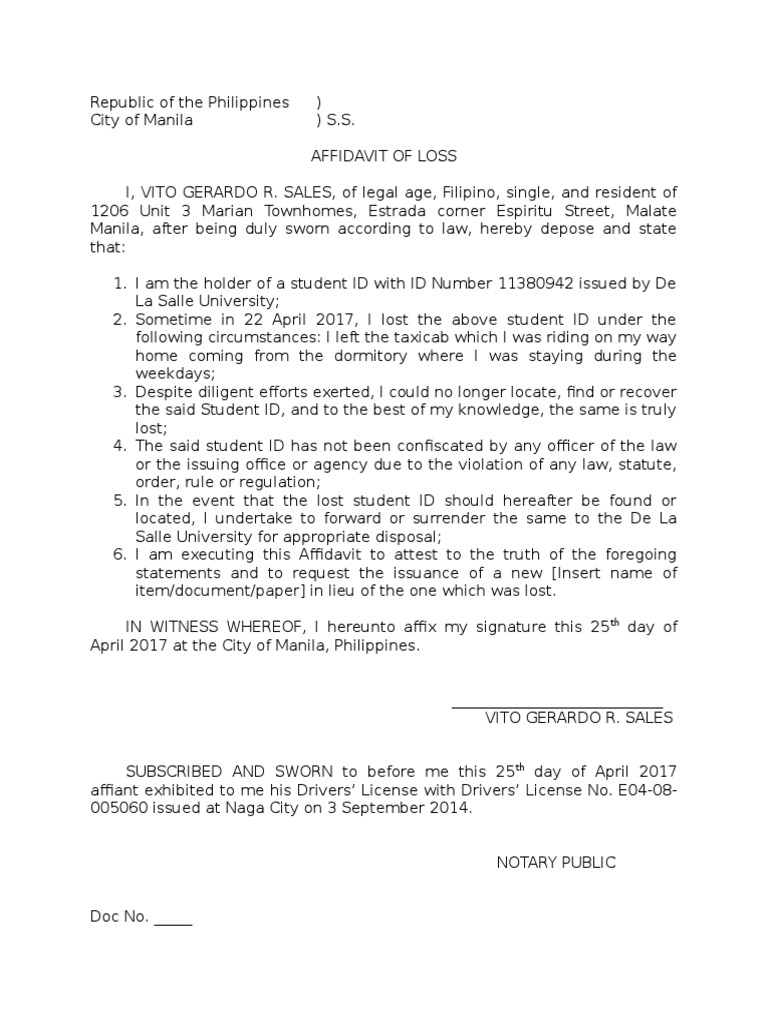 Affidavit of Loss DLSU ID