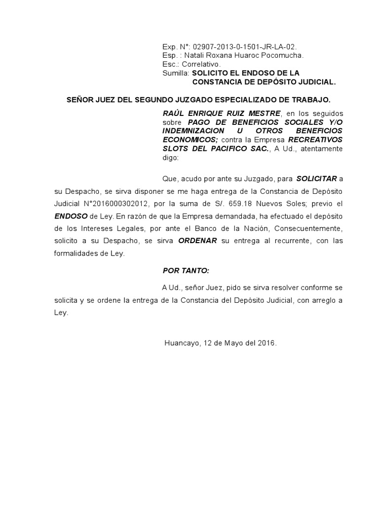 Solicito Endoso de La Constancia de Deposito Judicial | PDF | Derecho