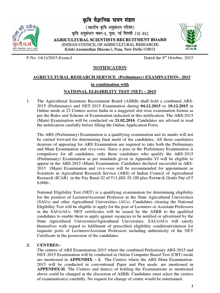 ARS 2015 Exam Notification Details | PDF | Identity Document | Test ...