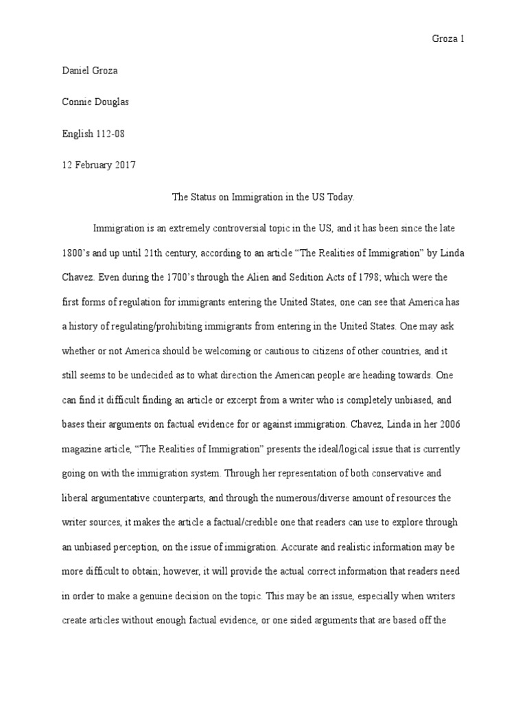 Daniel Groza Eng 112 First Assignment | PDF | Argument | Immigration