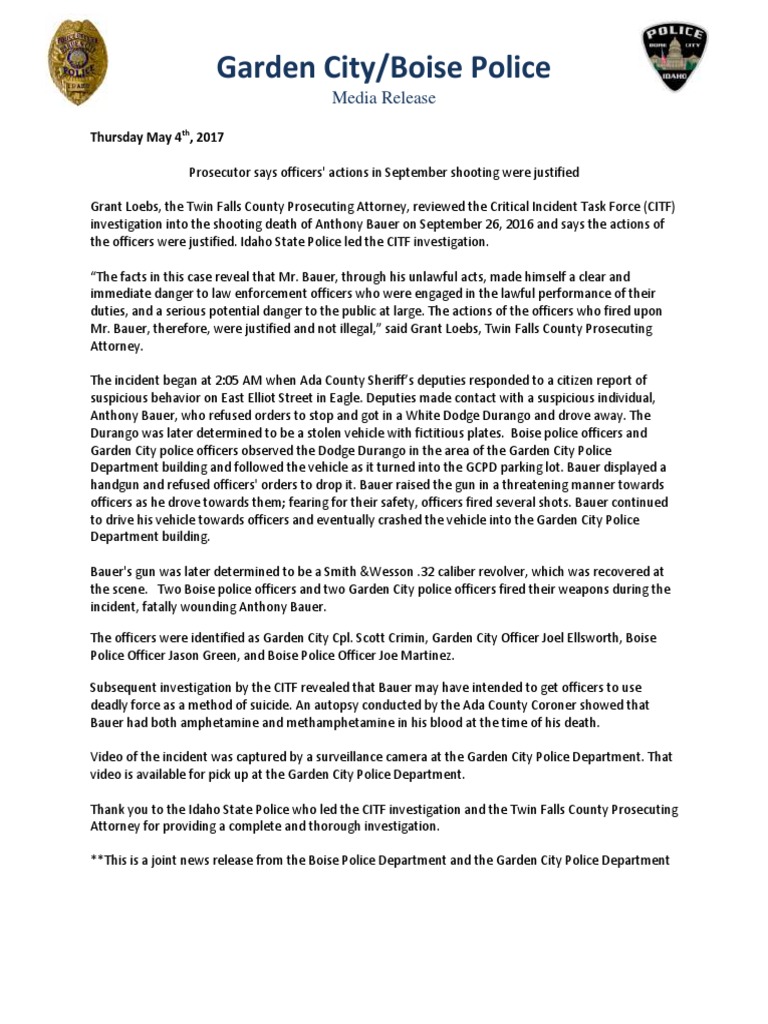 Press Release Shooting Anthony Bauer | PDF | Police Officer | Boise