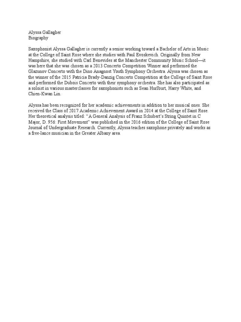 Alyssa Gallagher: Saxophonist Profile | PDF | Art