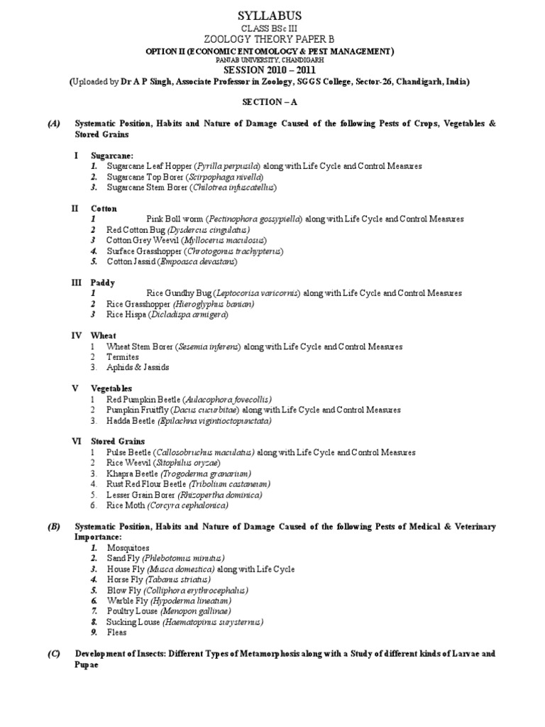 Panjab University Syllabus BSC III Zoology B Option II (Economic ...