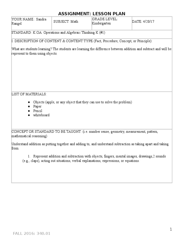 Assignment: Lesson Plan: FALL 2016: 340.01 | PDF | Lesson Plan ...