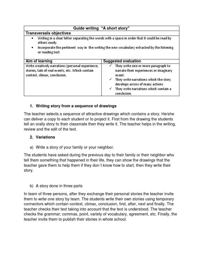 Guide Writing "A Short Story" Transversals Objectives: Aim of Learning ...