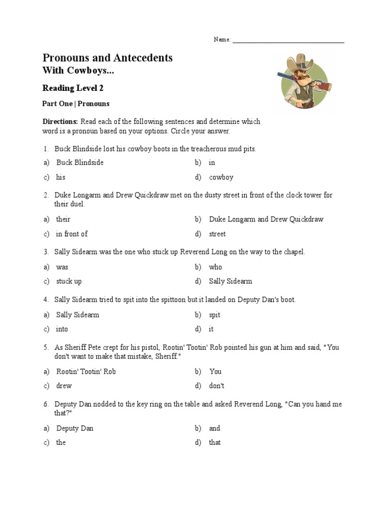 Pronouns and Antecedents Worksheet Reading Level 02 | PDF | American ...