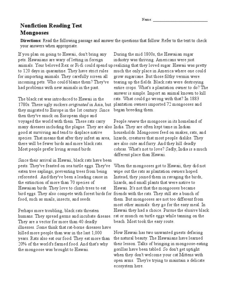 Nonfiction Reading Test Mongooses | PDF | Rat | Sugarcane