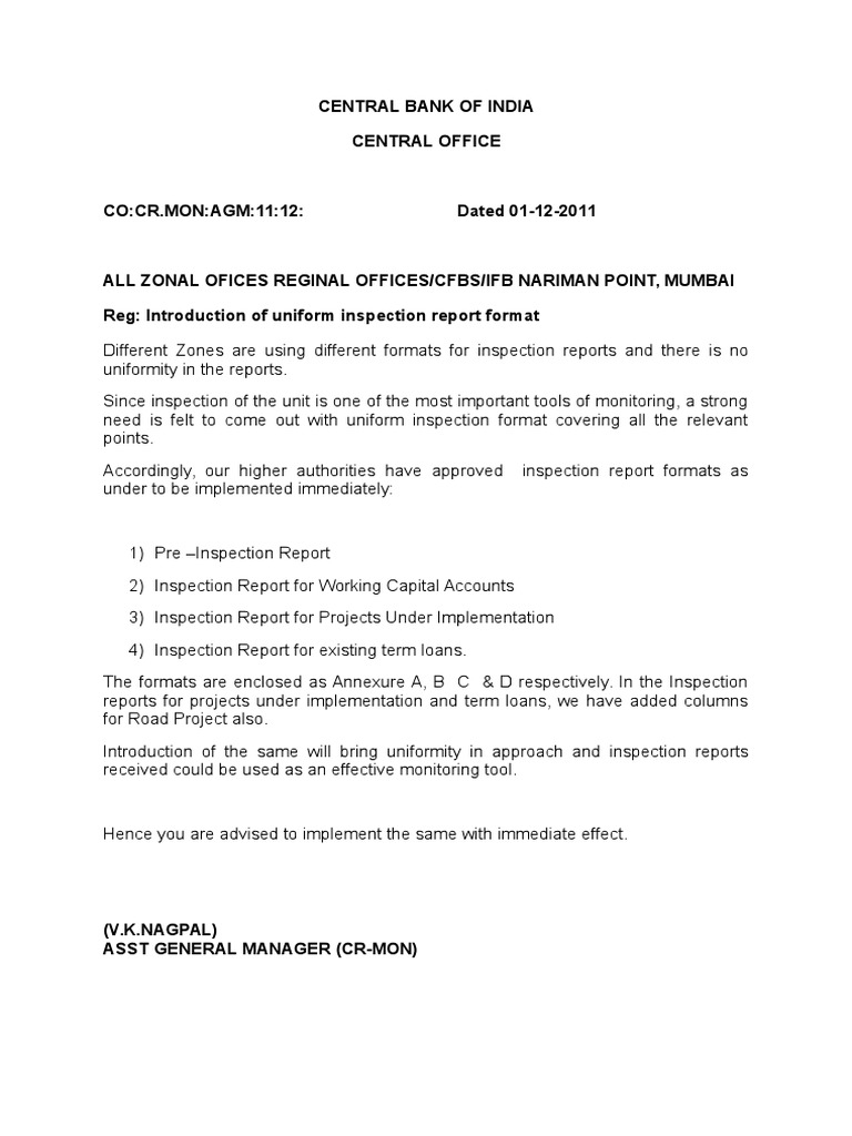 INSPECTION REPORTS.docx | Loans | Banks