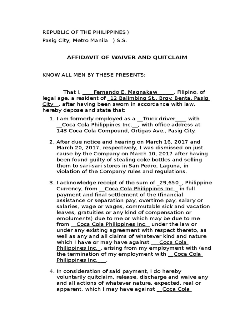 Affidavit of Waiver and Quitclaim | Witness | Philippines