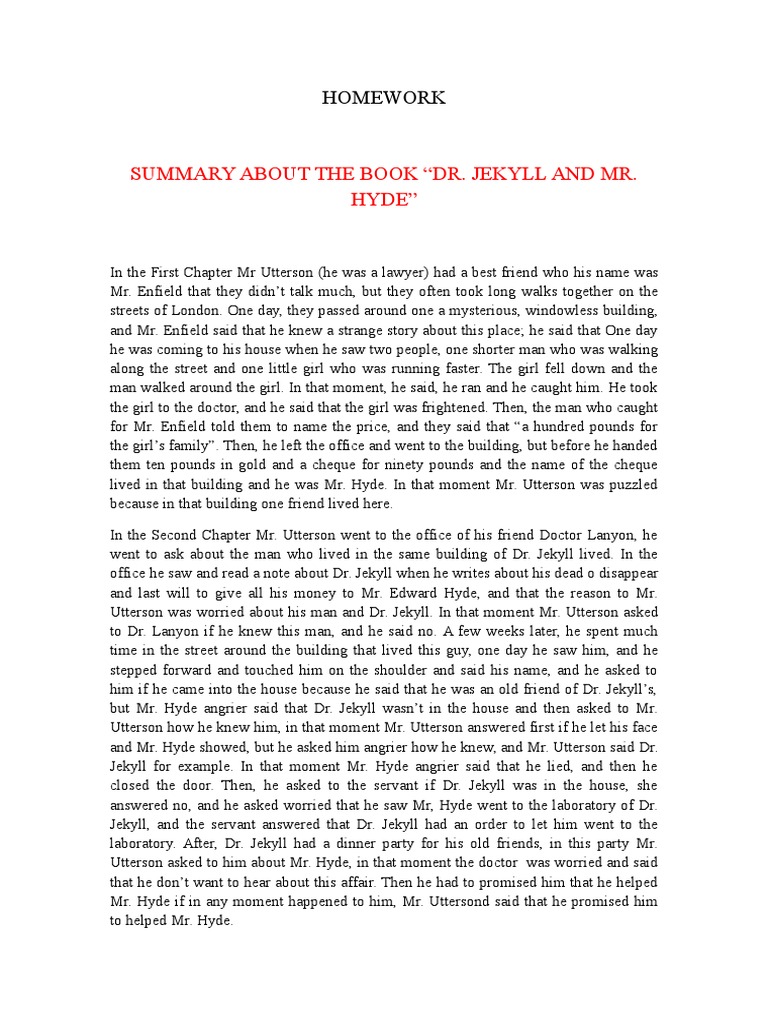 Summary About The Book "Dr. Jekyll and Mr. Hyde": Homework | PDF ...