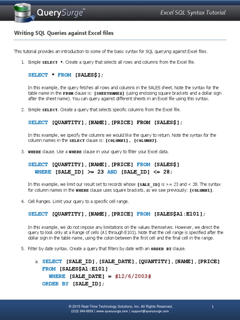 Qs Tutorial Writing Sql Queries Against Excel Files Pdf Sql Computer Programming
