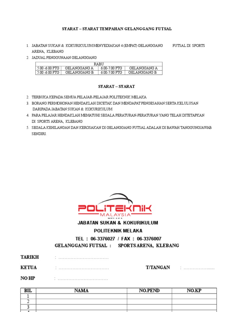 Borang Tempahan Gelanggang Futsal | PDF