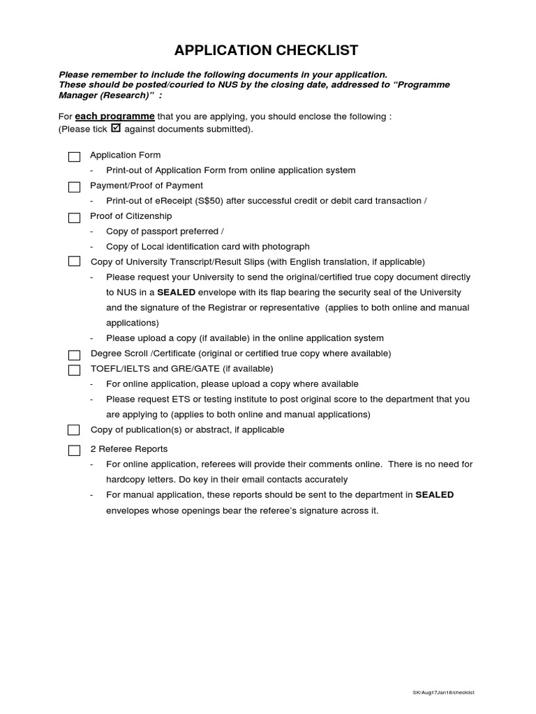 Application Checklist: Each Programme | PDF | Payments | Cheque