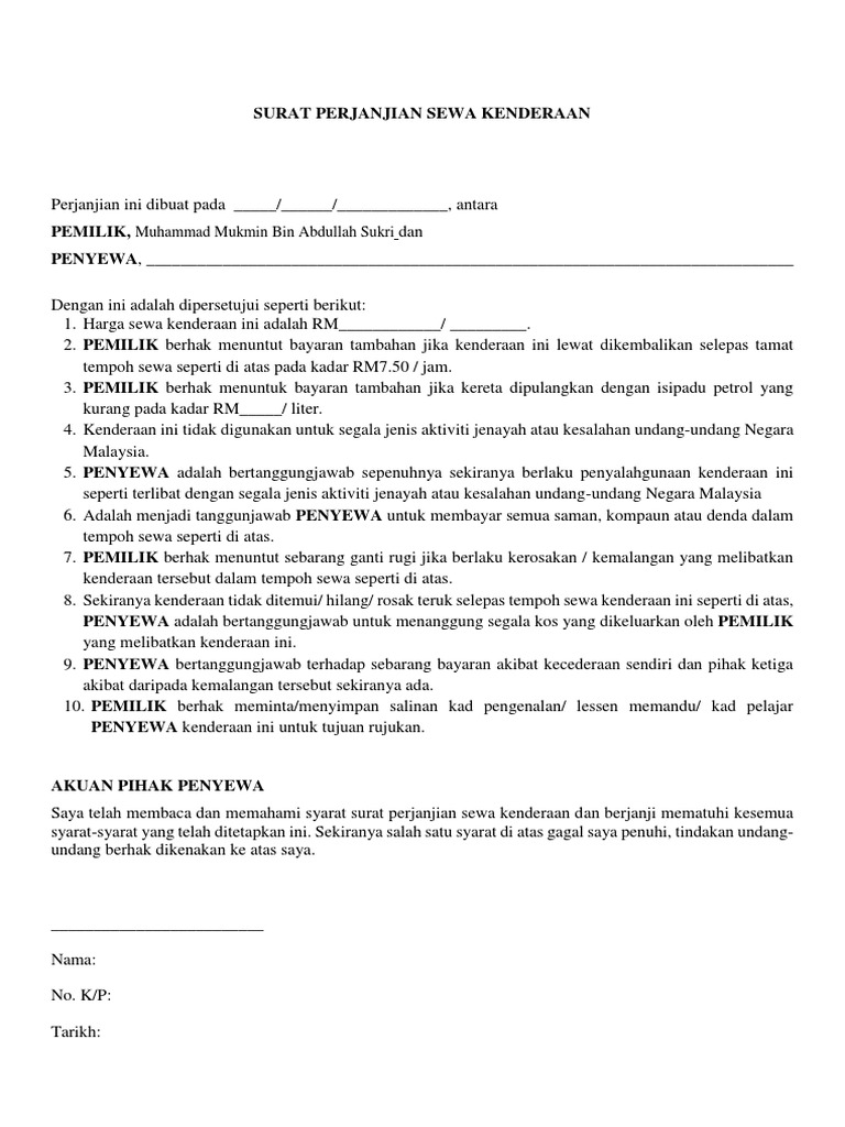 Surat Perjanjian Sewa Kenderaan 2017 02 21 Pdf
