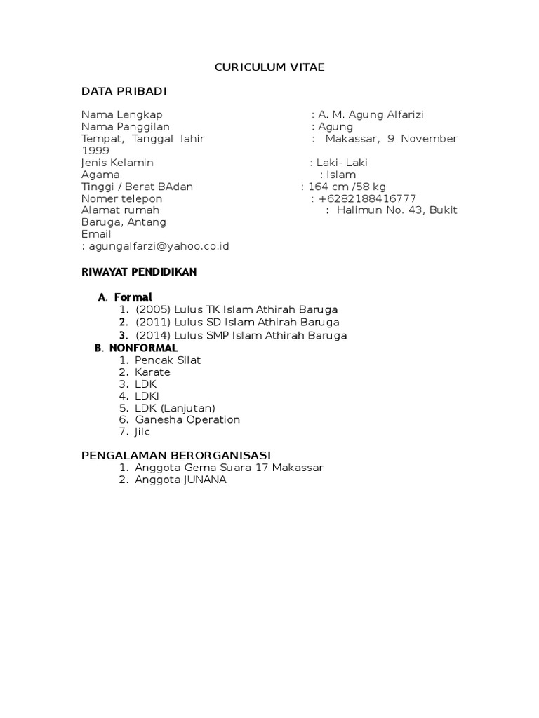 Contoh CV Pendaftaran OSIS SMA | PDF