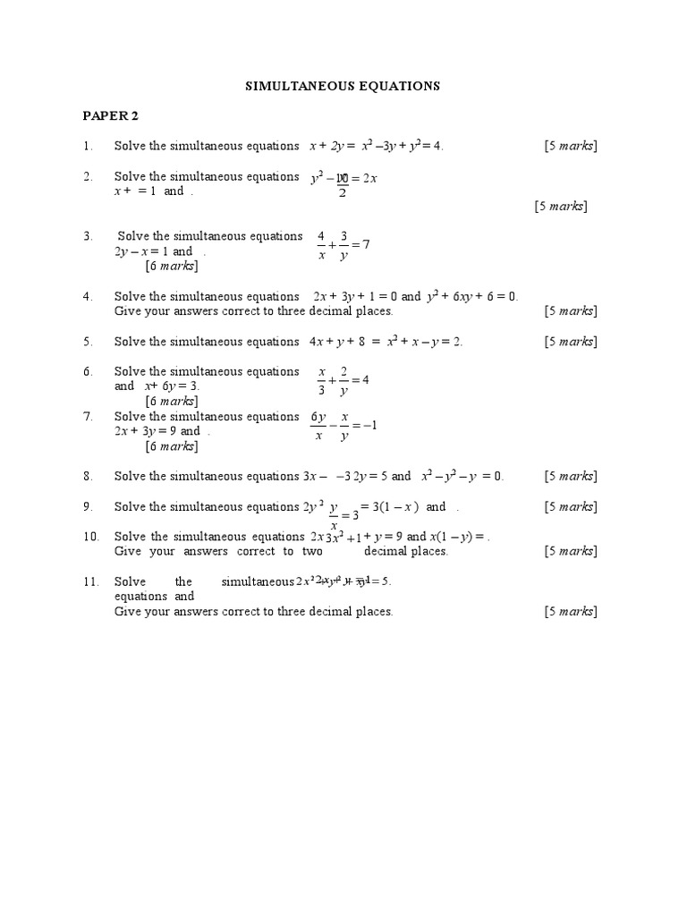 X + 1 and - y X: Simultaneous Equations Paper 2 | PDF | Equations ...