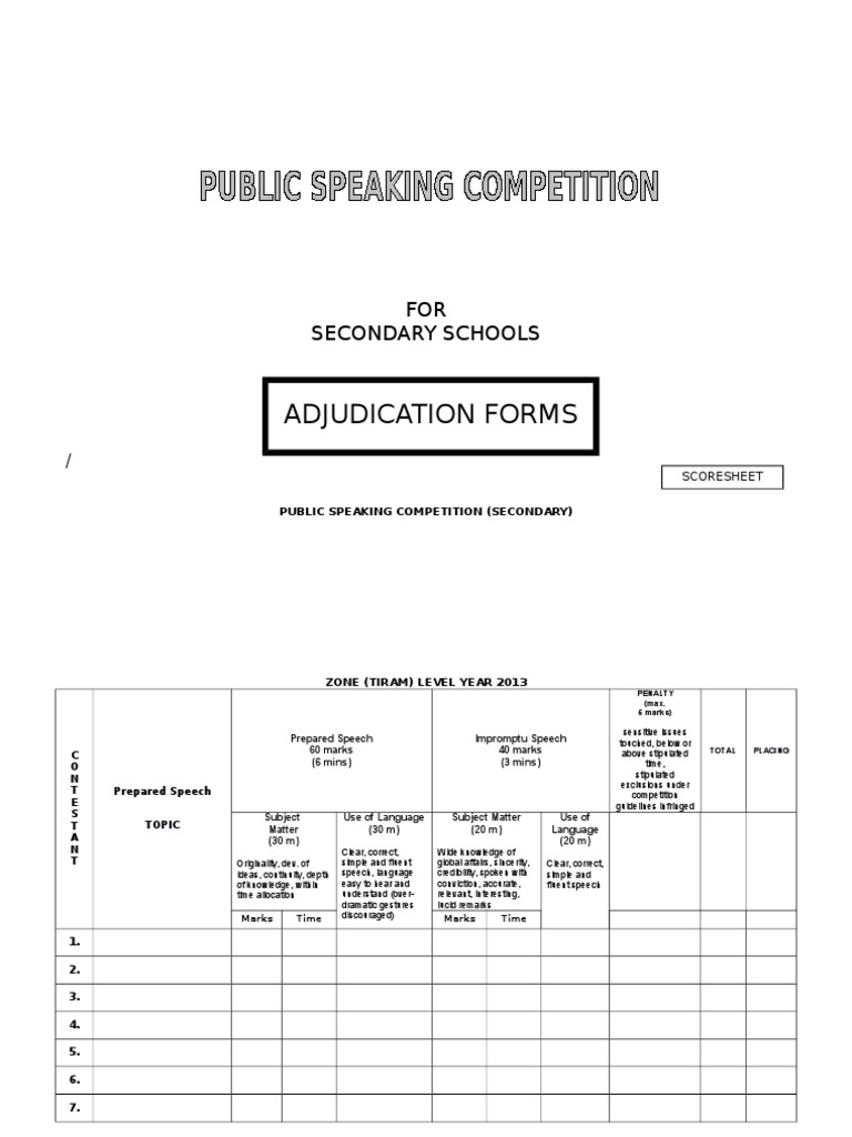 Public Speaking Scoresheet | Public Speaking | Human Communication