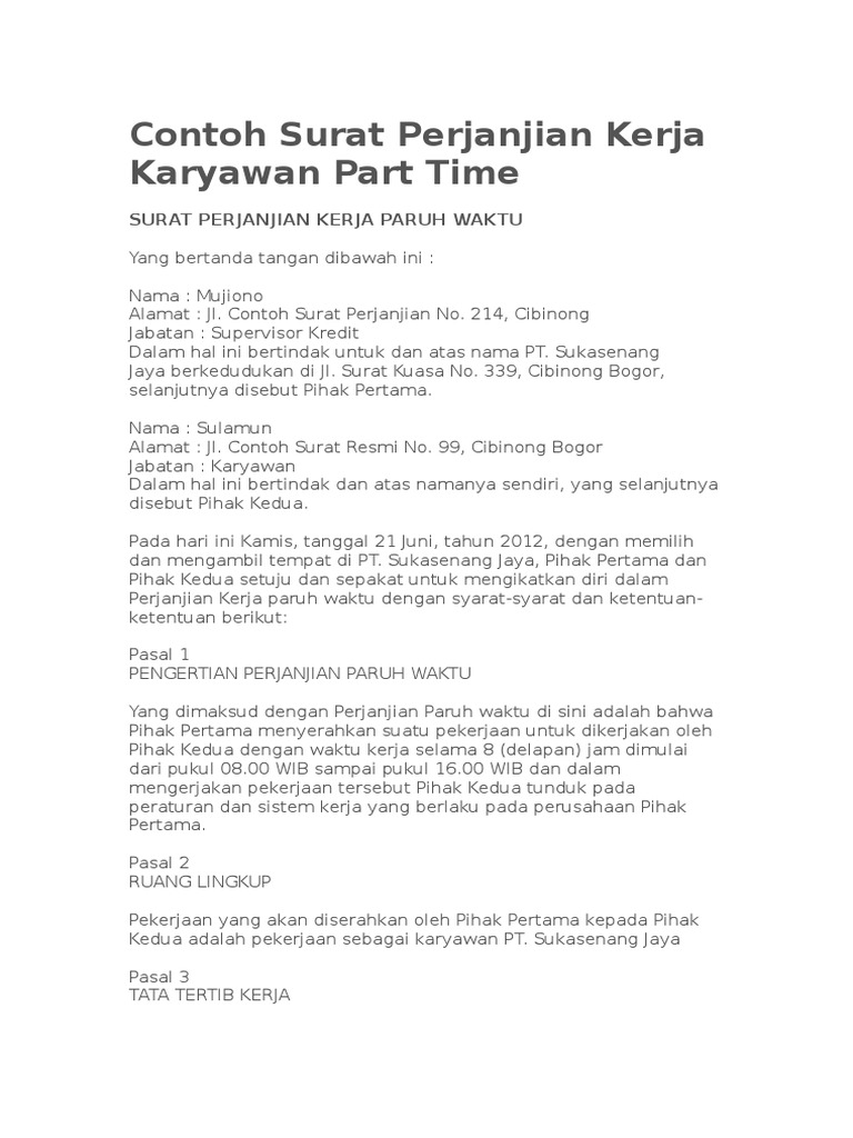 Contoh Surat Perjanjian Kerja Karyawan Part Time | PDF
