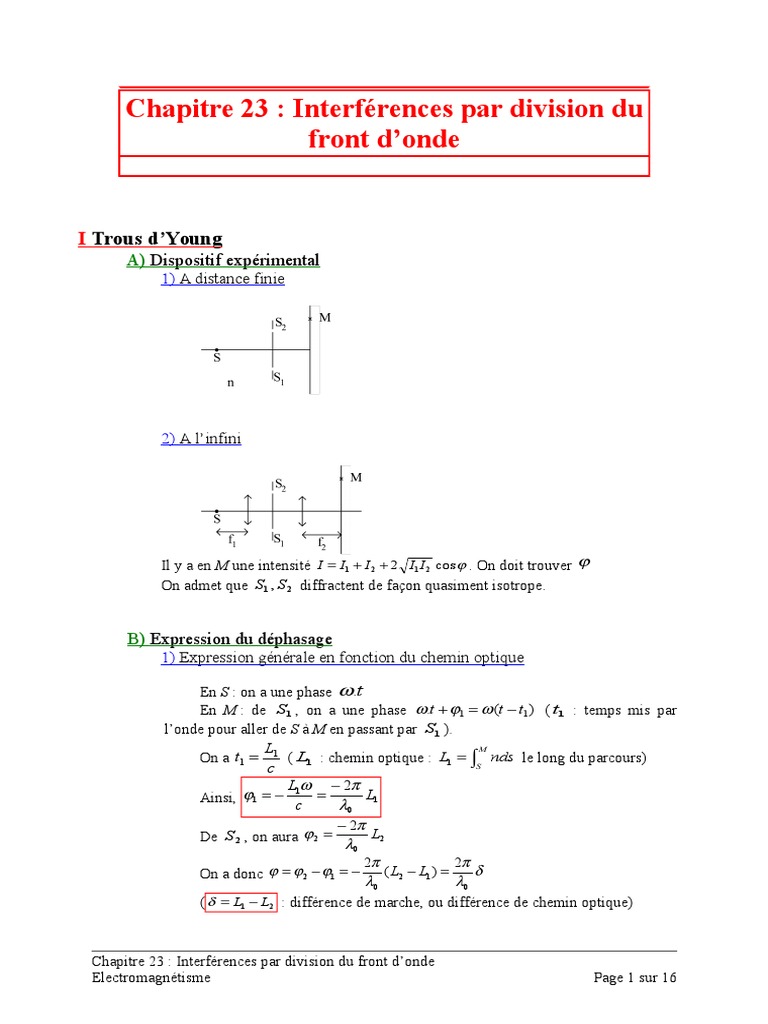 Interférences par division du front d'onde | PDF | Cohérence (physique ...