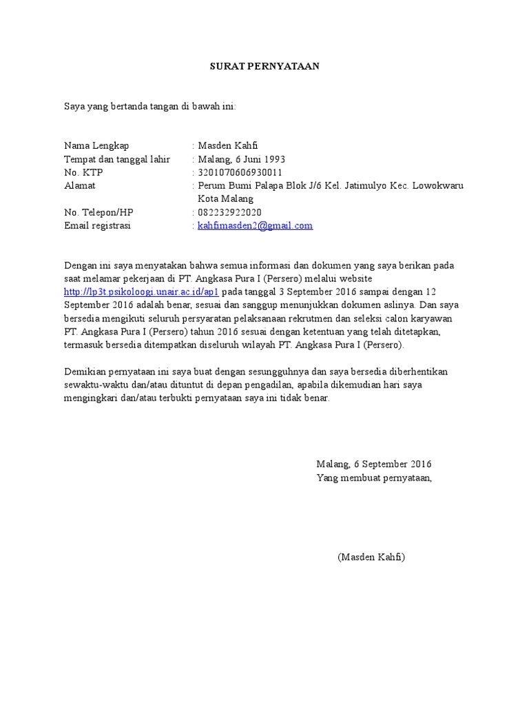 Surat Pernyataan Kerja Masden Kahfi | PDF | Hukum