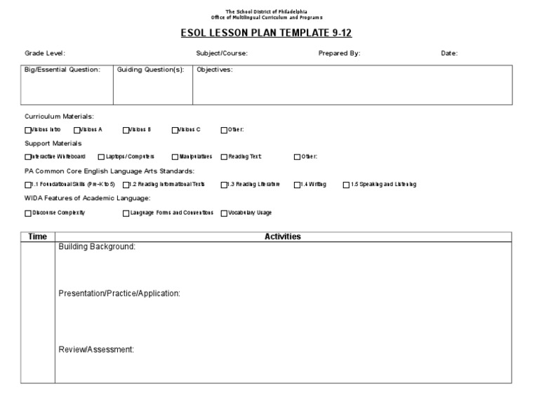 ESOL Lesson Plan Template for Grades 9-12 | PDF