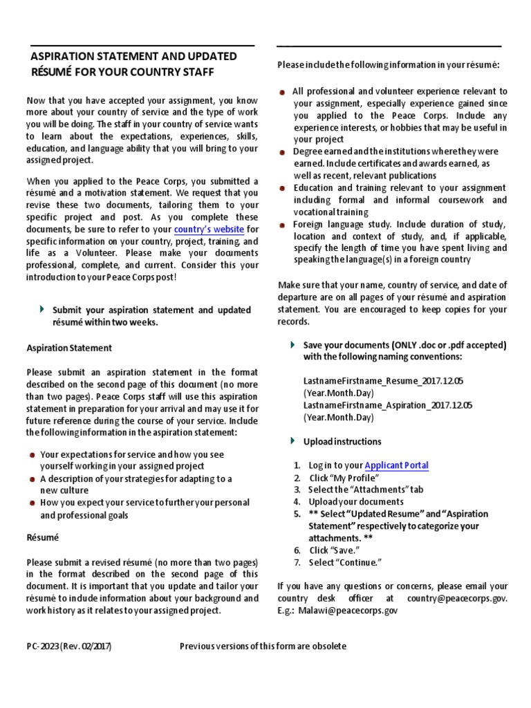 Peace Corps Your In Country For Staff Aspiration Statement and Resume ...