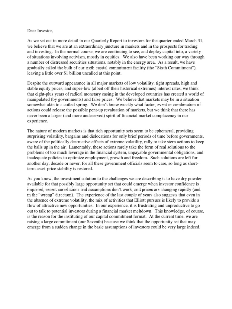 Elliot Investor Letter | PDF | Investor | Financial Markets