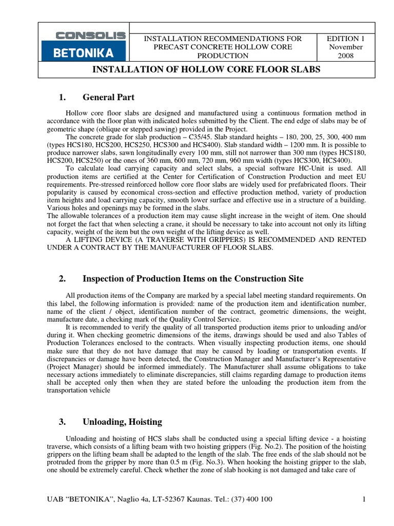 Installation of Hollow Core Floor Slabs 786687 | PDF | Concrete | Safety