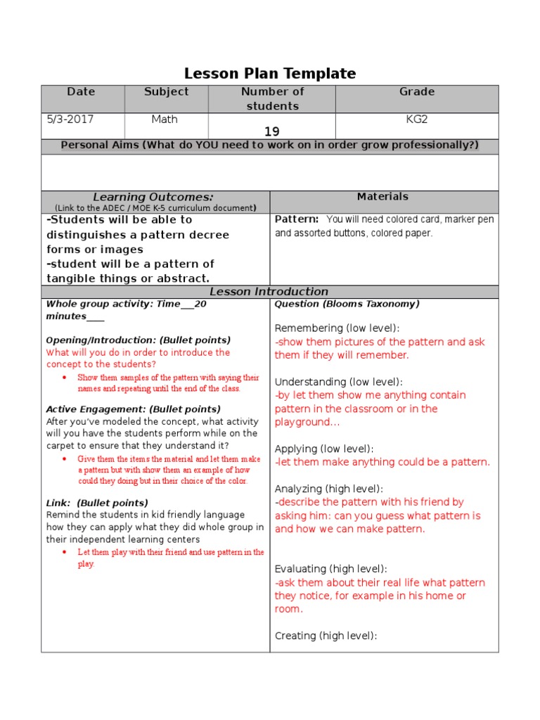 Lesson Plan Template: 5/3-2017 Math KG2 | Download Free PDF | Classroom ...