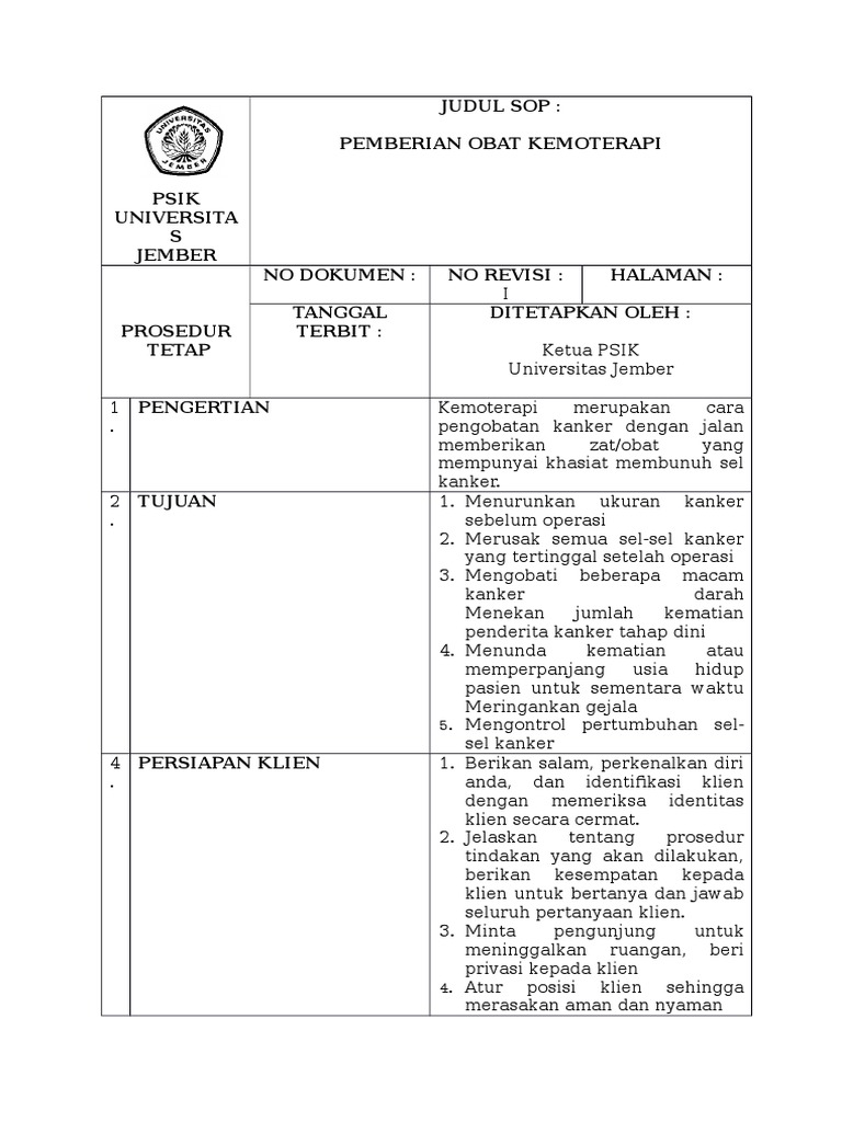SOP Pemberian Kemoterapi | PDF
