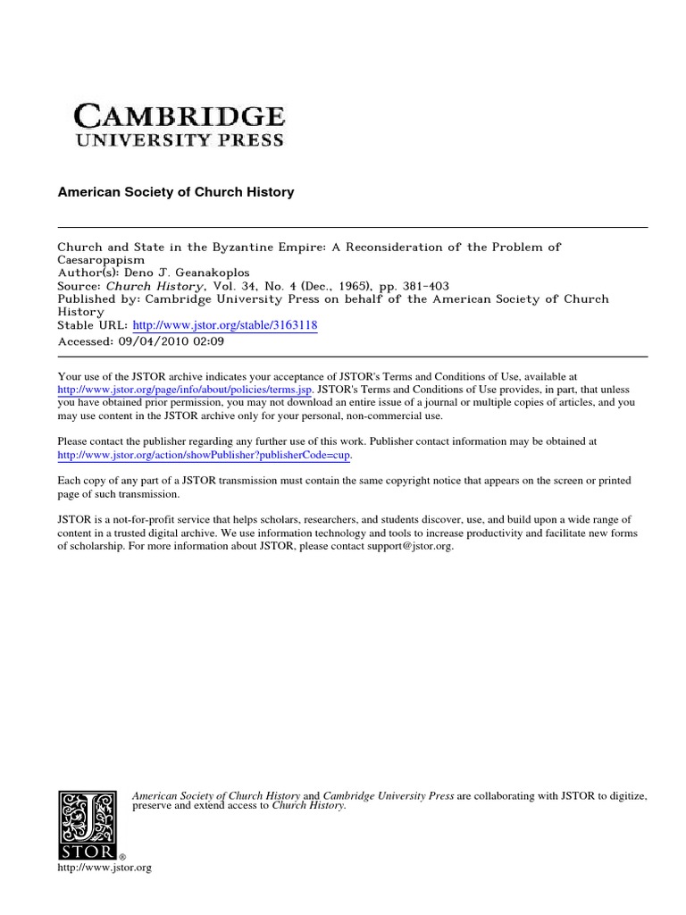 Deno Geanakoplos, Church and State in The Byzantine Empire, A ...