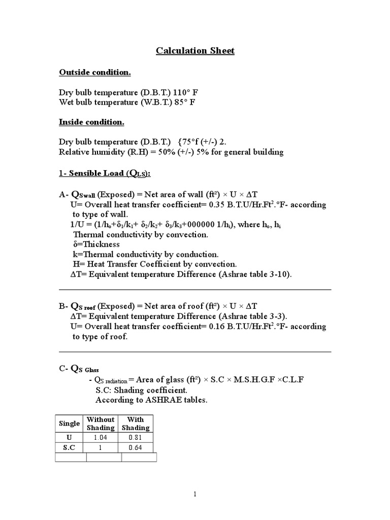 Calculation Sheet for HVAC Sensible and Latent Load Analysis | PDF ...
