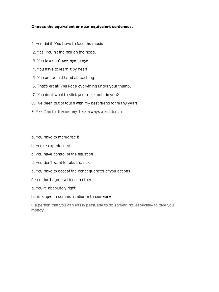 Equivalent Sentence Matching Exercise | PDF | Language Arts & Discipline