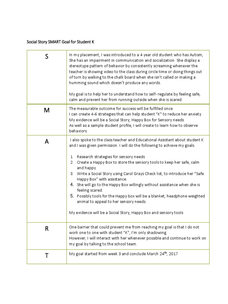 Social Story Smart Goal For Student K | PDF | Goal | Mental Health