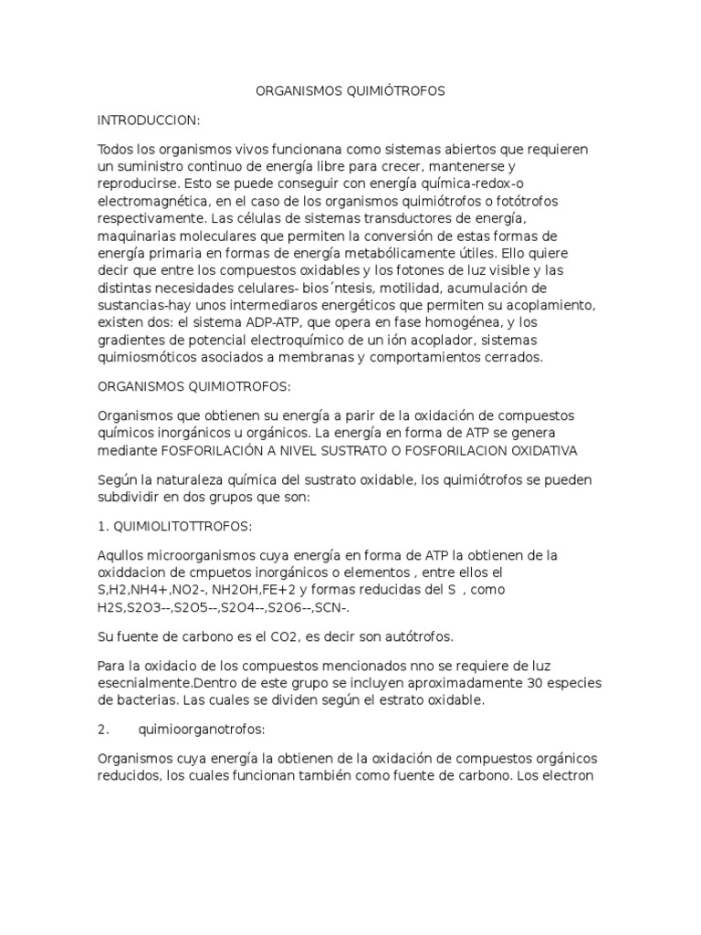 Organismos Quimiótrofos | PDF | Organismos | Fosforilación