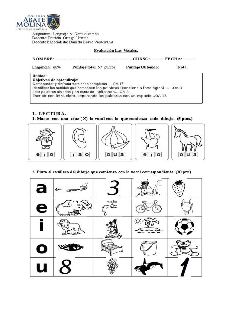 Evaluación De Vocales Para Preescolar Pdf Vocal Lectura Proceso