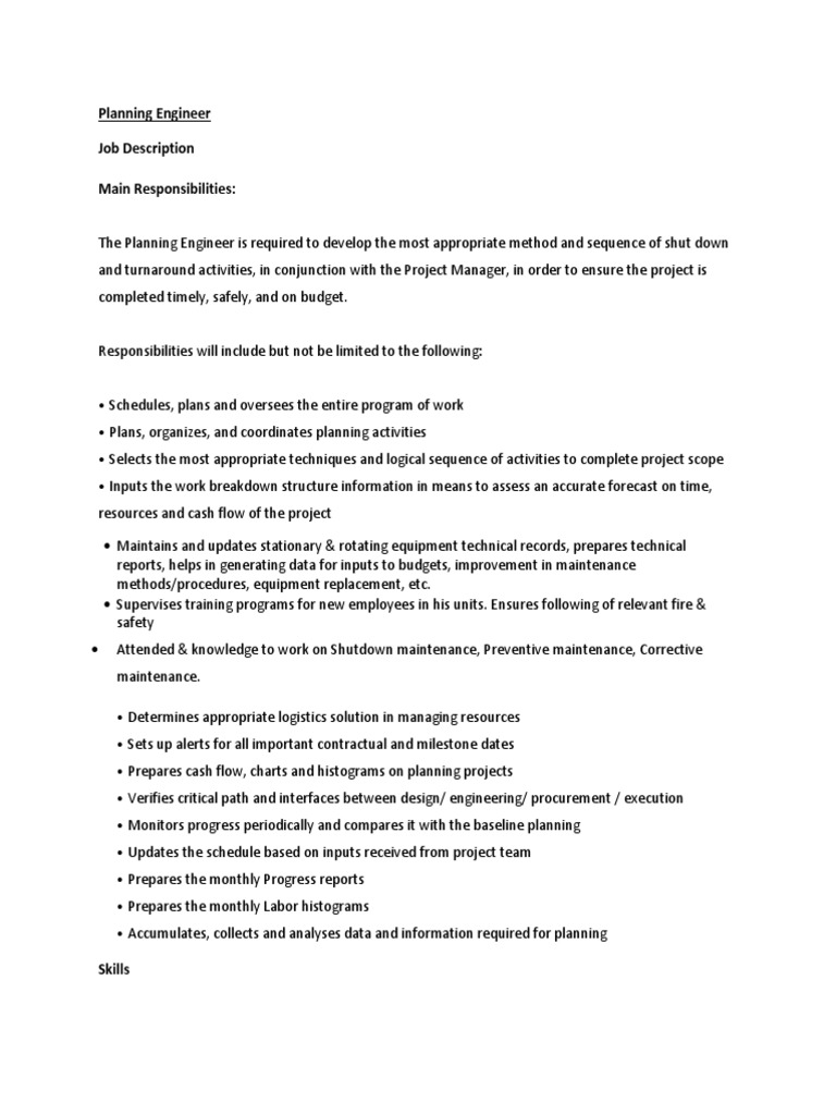 Planning Engineer Job Description Main Responsibilities | PDF