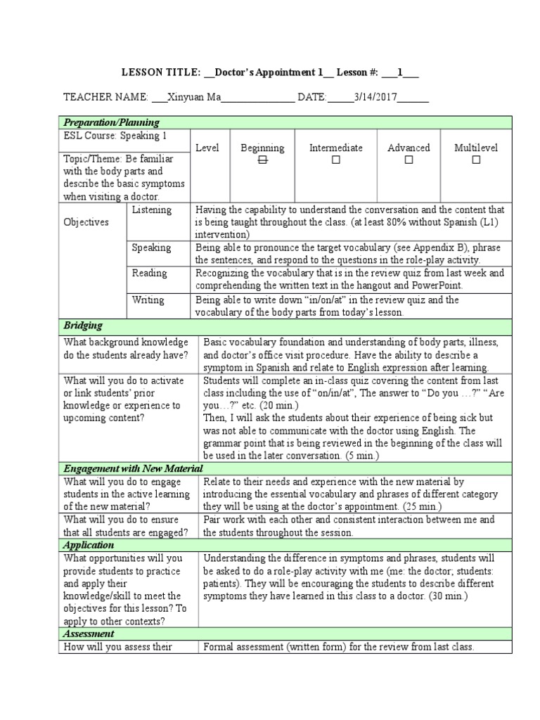 Doctor's Appointment ESL Lesson Plan | PDF | Educational Assessment ...