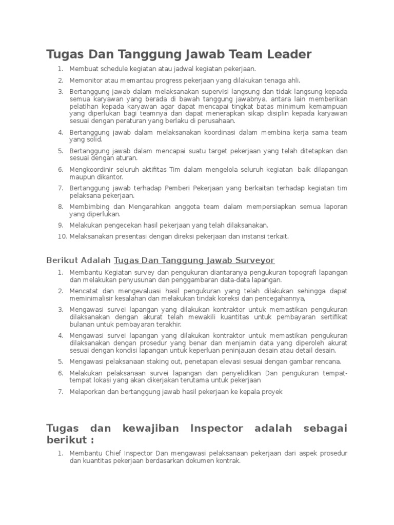 Tugas Dan Tanggung Jawab Team Leader | PDF