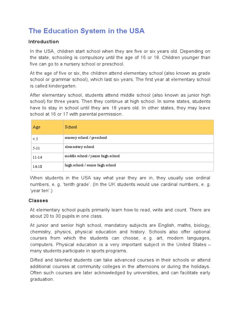 The Education System in The USA | PDF | Secondary School | Primary ...