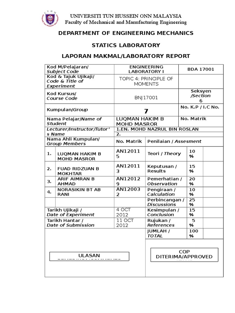 TOPIC 4 - Principle of Moments lab report | Torque | Force