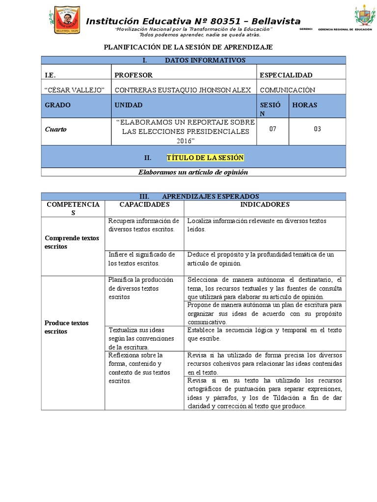 Sesión de Aprendizaje El Articulo de Opinion | PDF | Maestros | Aprendizaje