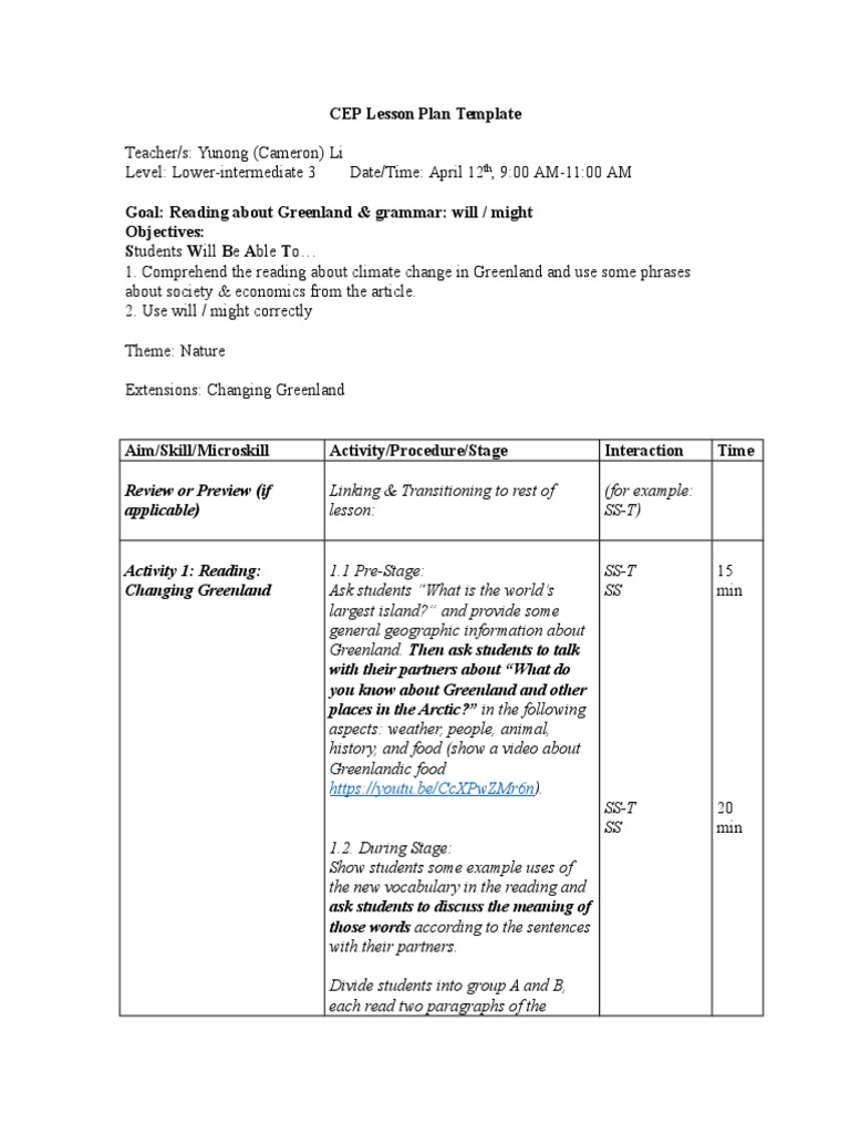 Cep Lesson Plan Week 9 Class 2 | PDF