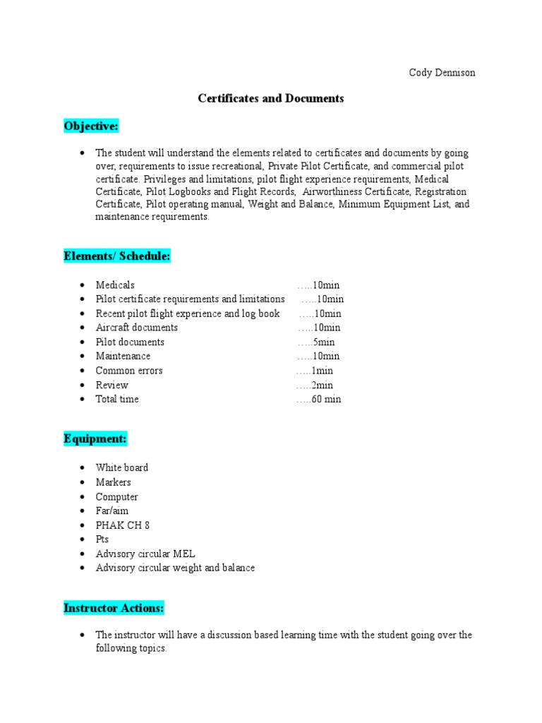 CFI Lesson Plan: Certificates & Documents | PDF | Flight Instructor ...